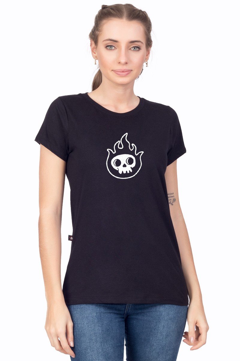 T-shirt Feminina Caveirinha em Chamas 100% Algodão
